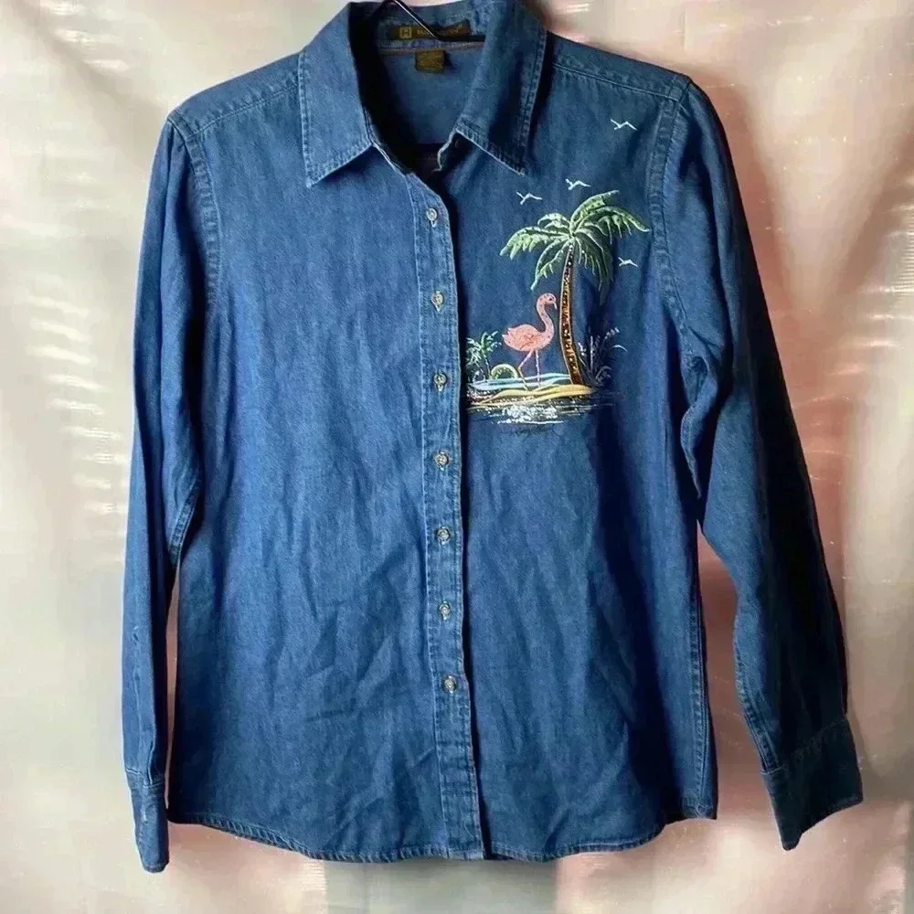 Harriton | Tops | Harriton Wo Size M Denim Button Down Shirt Flamingo ...